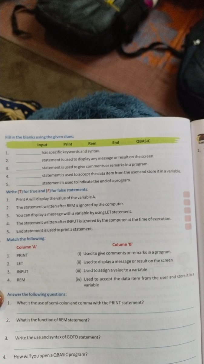Fill in the blanks using the given clues: | Input | Print | Rem | End