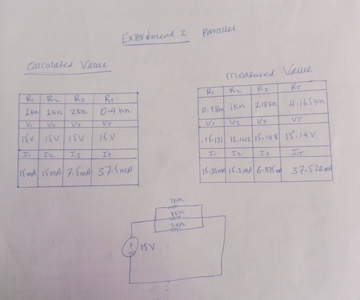 Experiment 2: Parallel Circuit Calculated Values: | R1 | R2 | R3 | RT