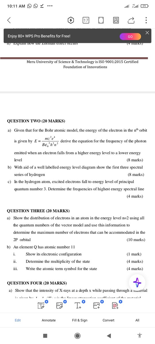 QUESTION TWO (20 MARKS) a) Given that for the Bohr atomic model, the ener..