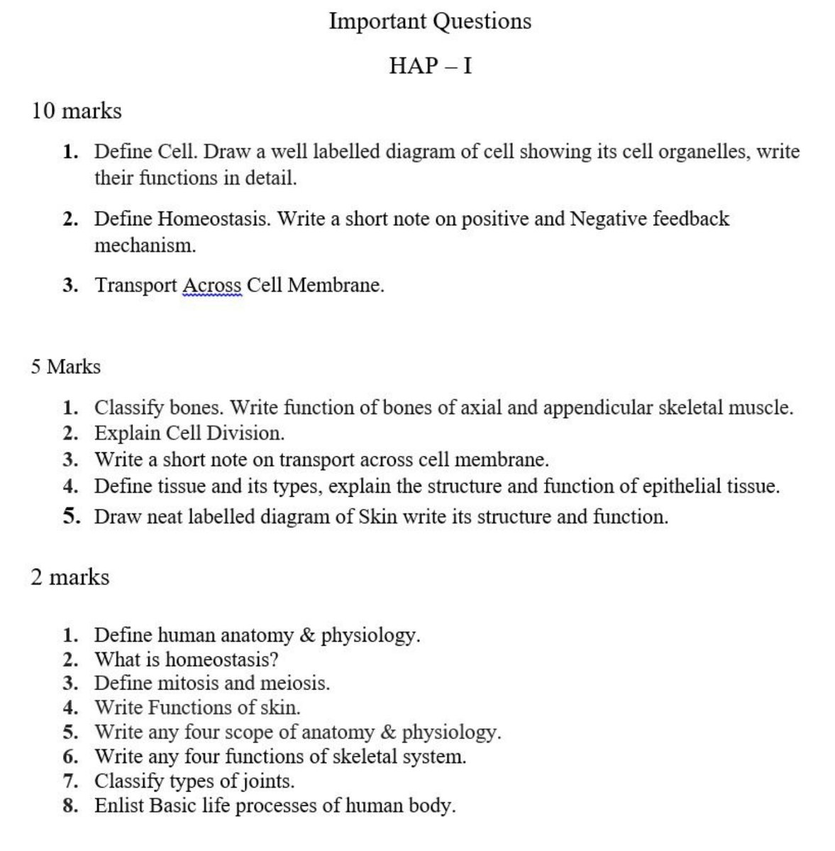 Important Questions HAP - I 10 marks Define Cell. Draw a well labelled d..