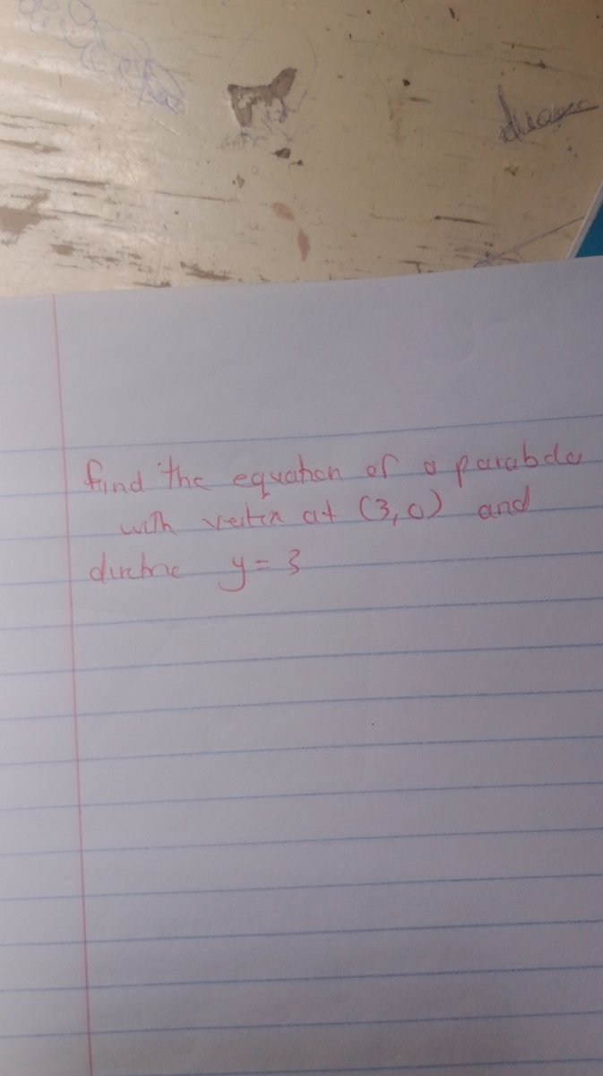Find the equation of a parabola with vertex at (3,0) and directrix y = 3...