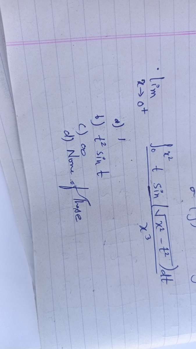 Evaluate the limit: \lim_{x \to 0^+} \frac{\int_0^{x^2} t \sin(\sqrt{x^2..