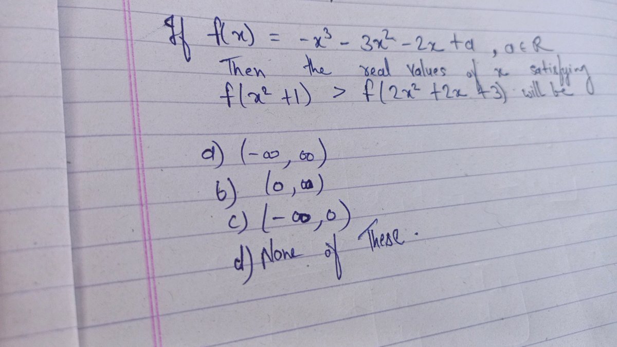 If f(x) = -x^3 - 3x^2 - 2x + a, a \in R. Then the real values of x satisf..