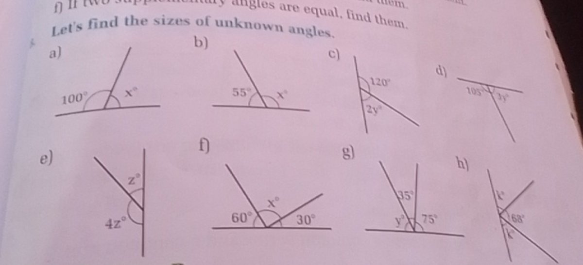Let's find the sizes of unknown angles. a) (Diagram showing a straight l..