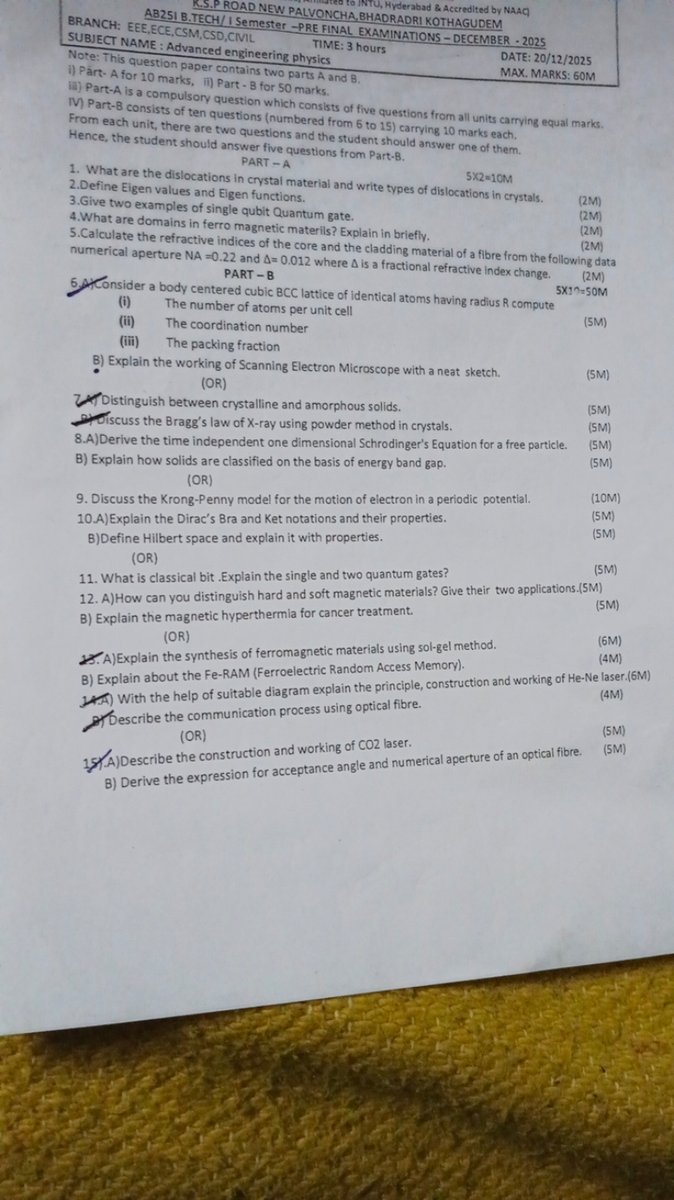 Here are the questions from an Advanced Engineering Physics exam: PART-A..