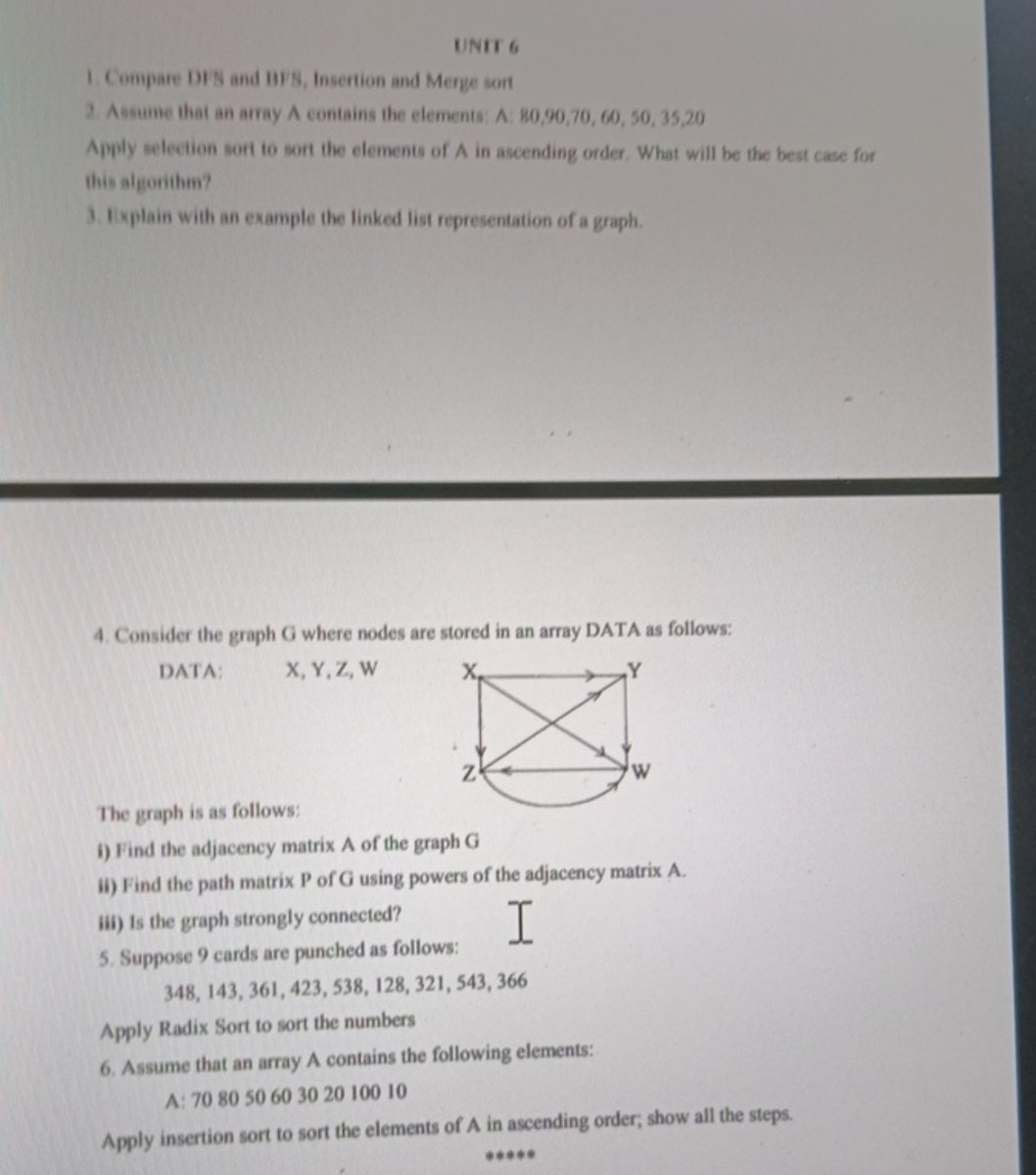 UNIT 6 Compare DFS and BFS, Insertion and Merge sort Assume that an arr..