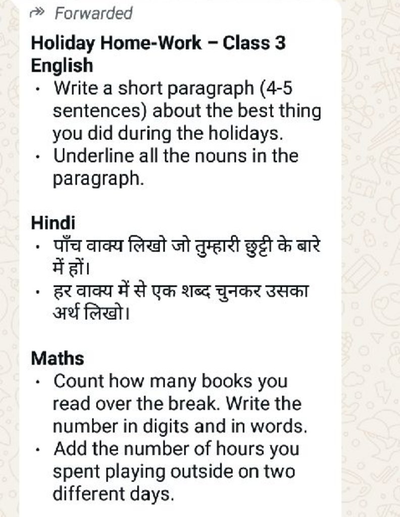 Holiday Home-Work - Class 3 English Write a short paragraph (4-5 senten..