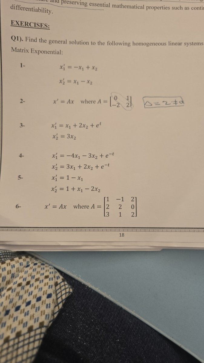 Q1). Find the general solution to the following homogeneous linear system..