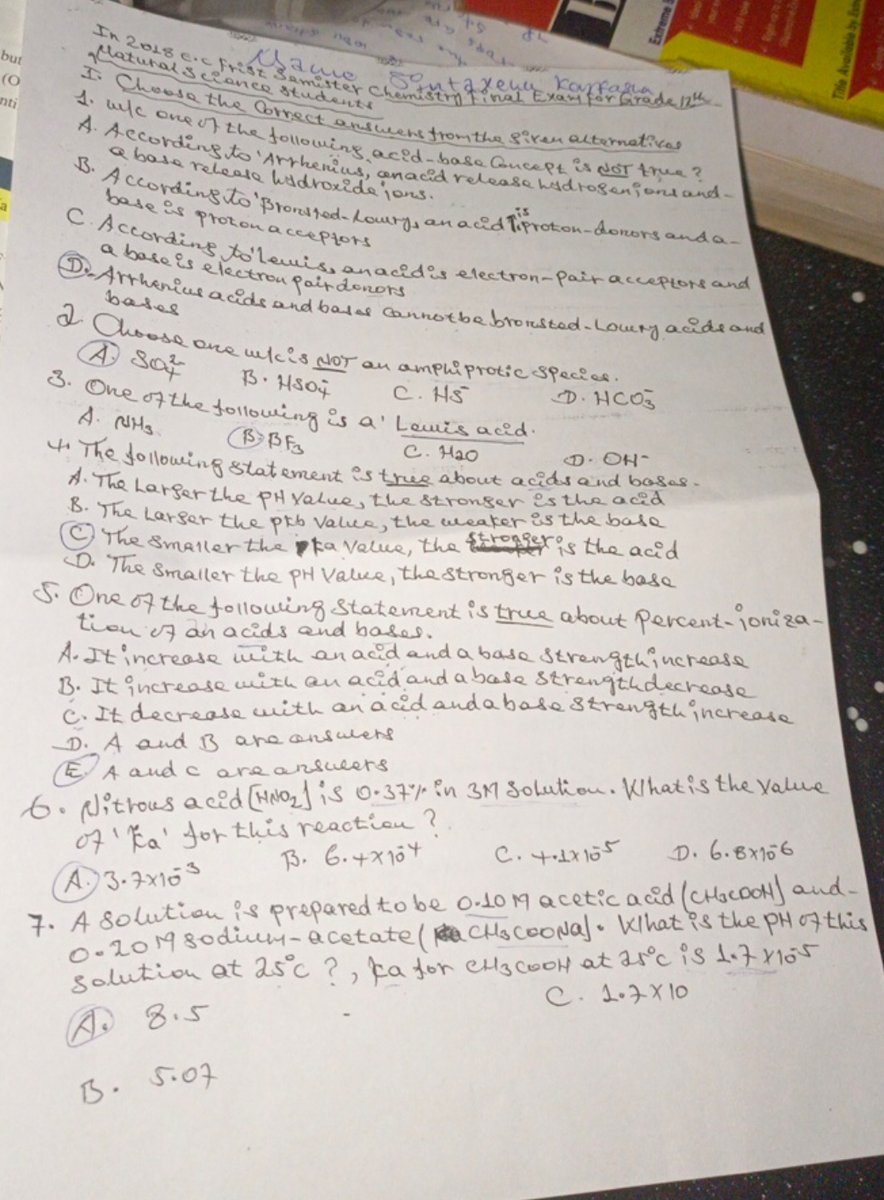 In 2018 E.C. First Semester Chemistry Final Exam for Grade 12th Natural S..