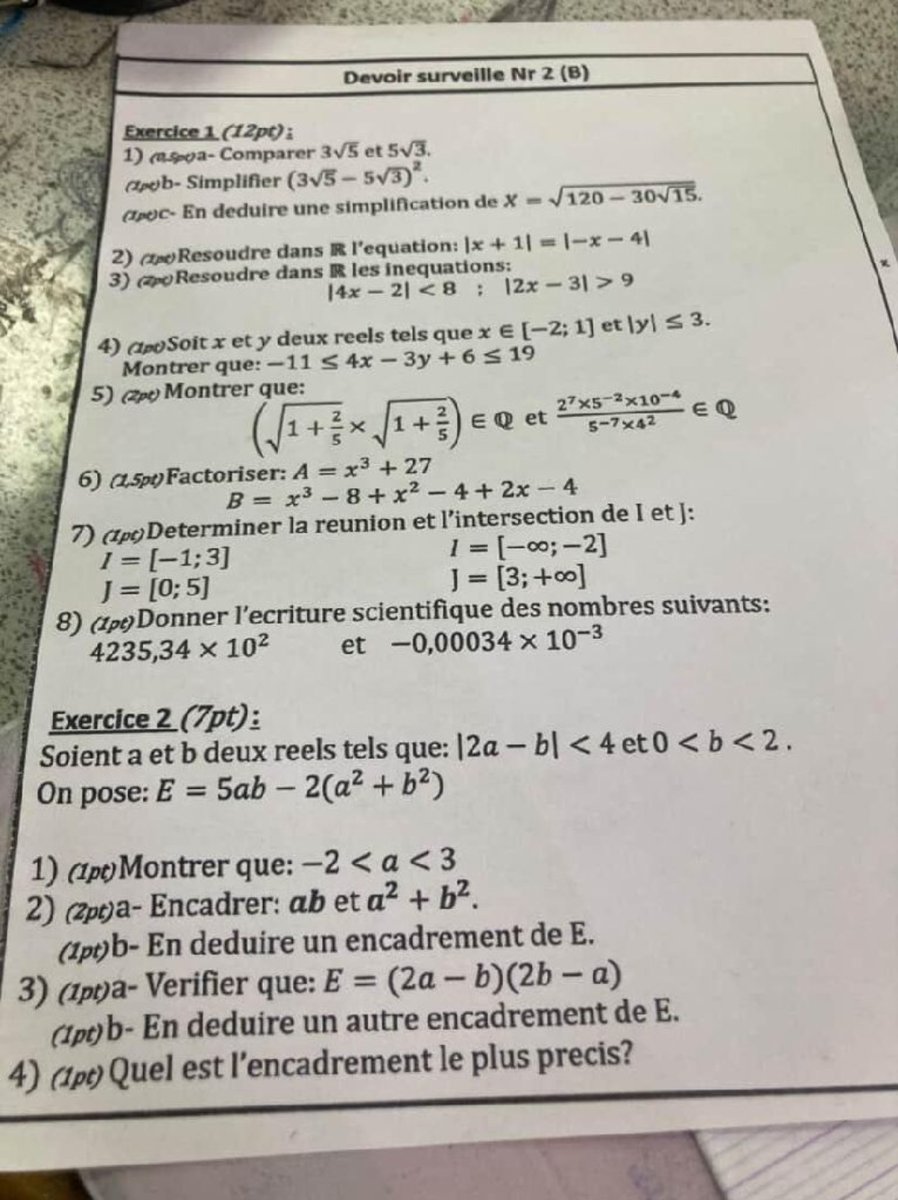 Devoir surveille Nr 2 (B) Exercice 1 (12pt): 1) (1pt)a- Comparer 3\sqrt{..