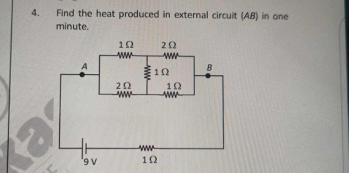 Find the heat produced in external circuit (AB) in one minute. (The ques..