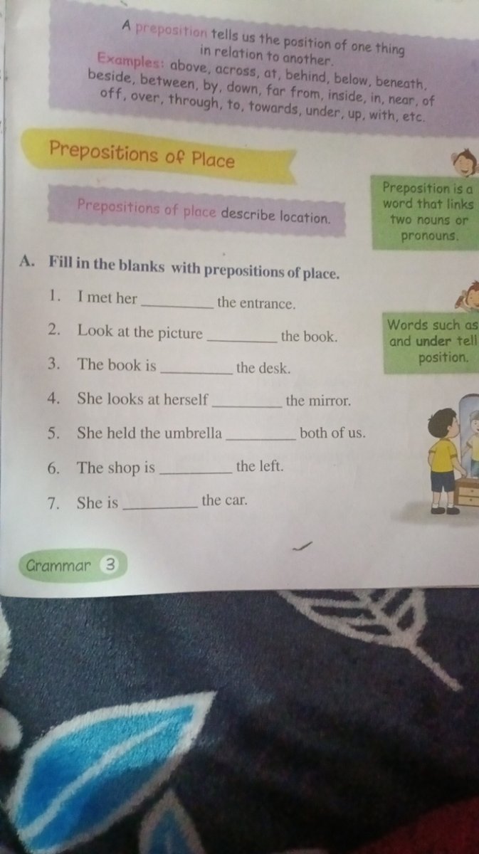 A. Fill in the blanks with prepositions of place. I met her __ the entra..