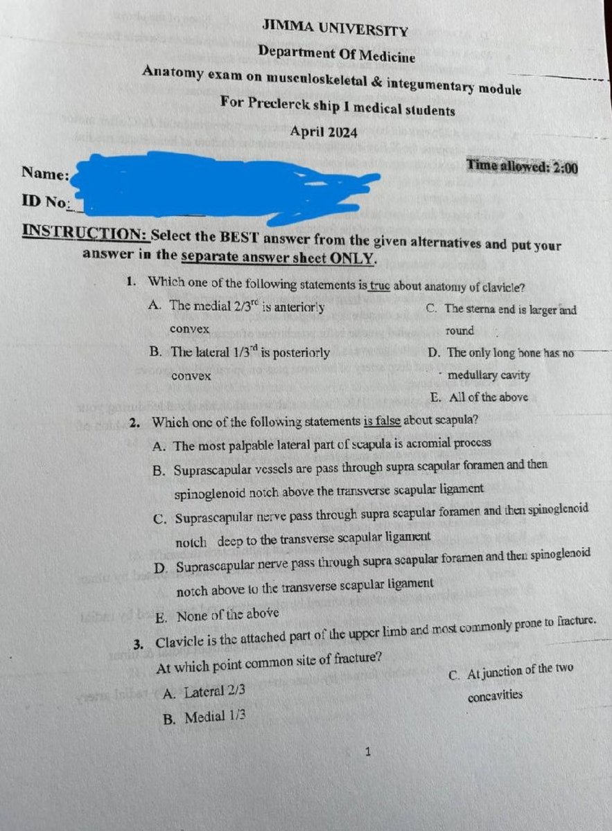 JIMMA UNIVERSITY Department Of Medicine Anatomy exam on musculoskeletal