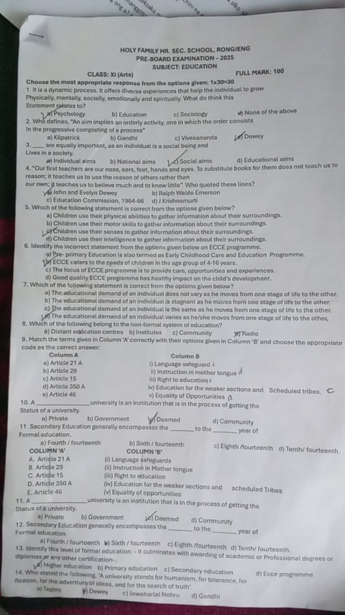 HOLY FAMILY HR. SEC. SCHOOL, RONGJENG PRE-BOARD EXAMINATION-2025 SUBJECT:..