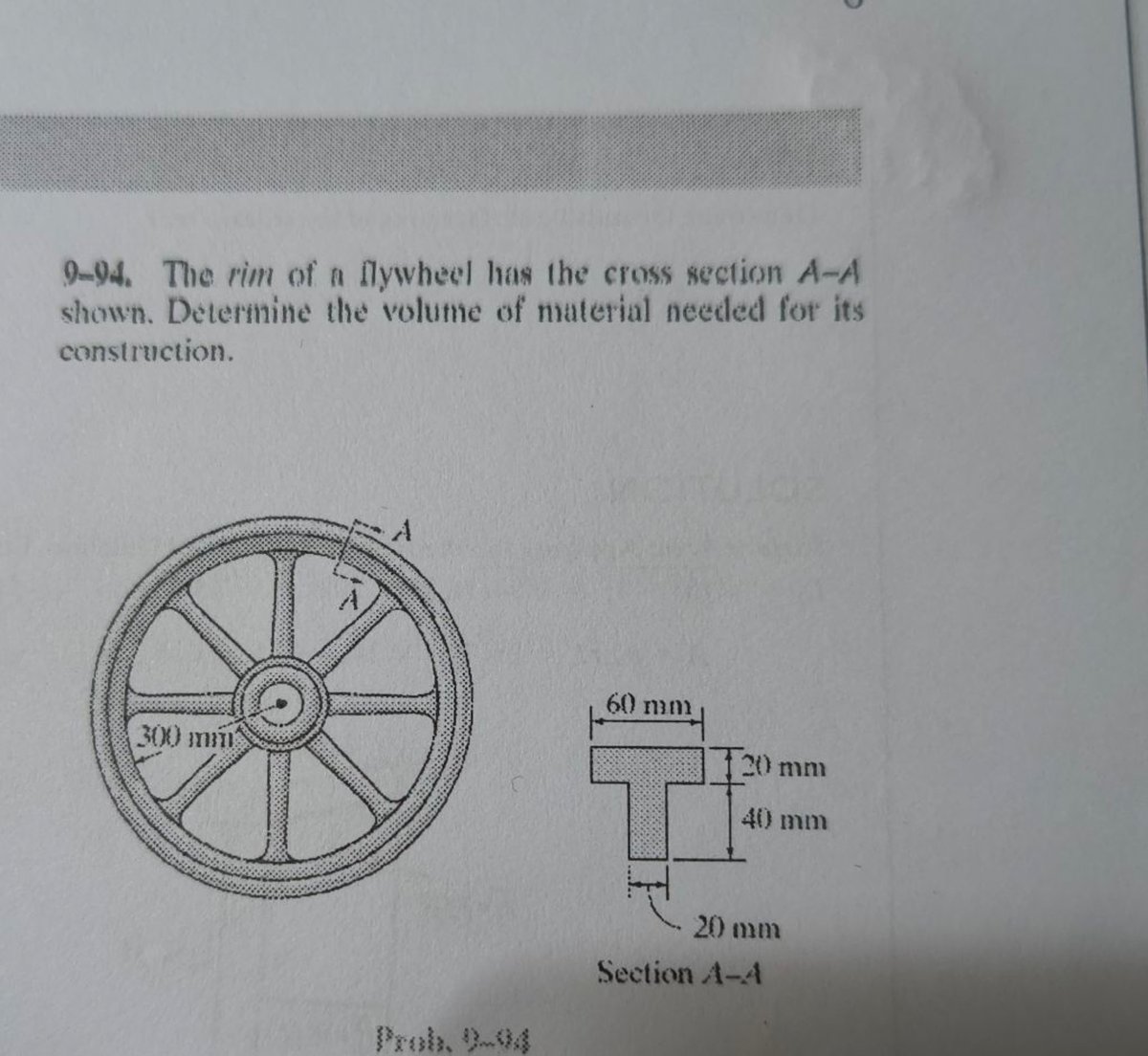 The rim of a flywheel has the cross section A-A shown. Determine the volu..