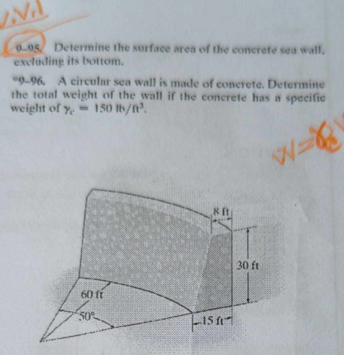 9-95. Determine the surface area of the concrete sea wall, excluding its