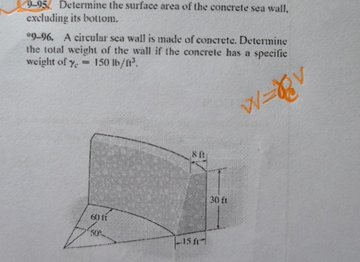 9-95. Determine the surface area of the concrete sea wall, excluding its
