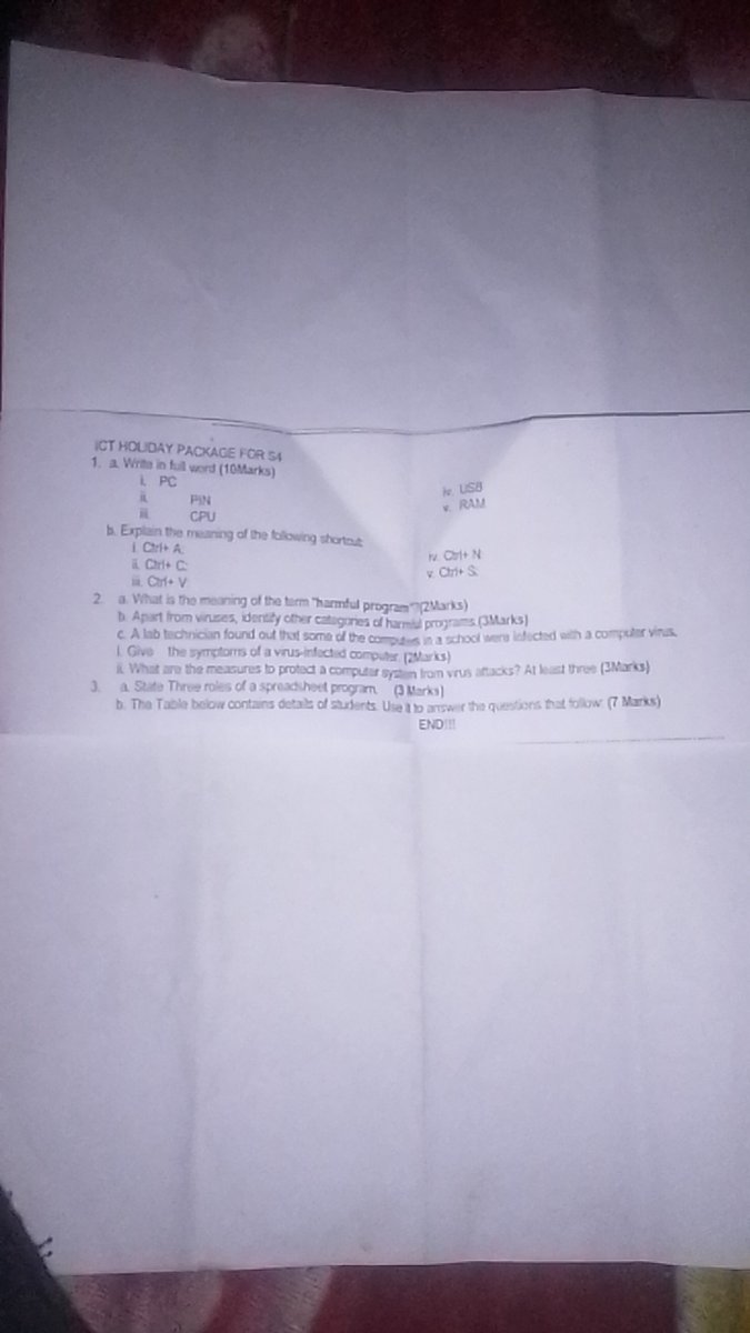 ICT HOLIDAY PACKAGE FOR S4 a. Write in full word (10 Marks) i. PC i..