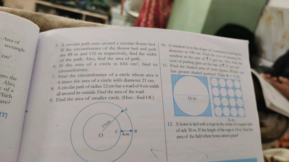Find the area of smaller circle. (Hint: find OC) [Diagram showing two co..