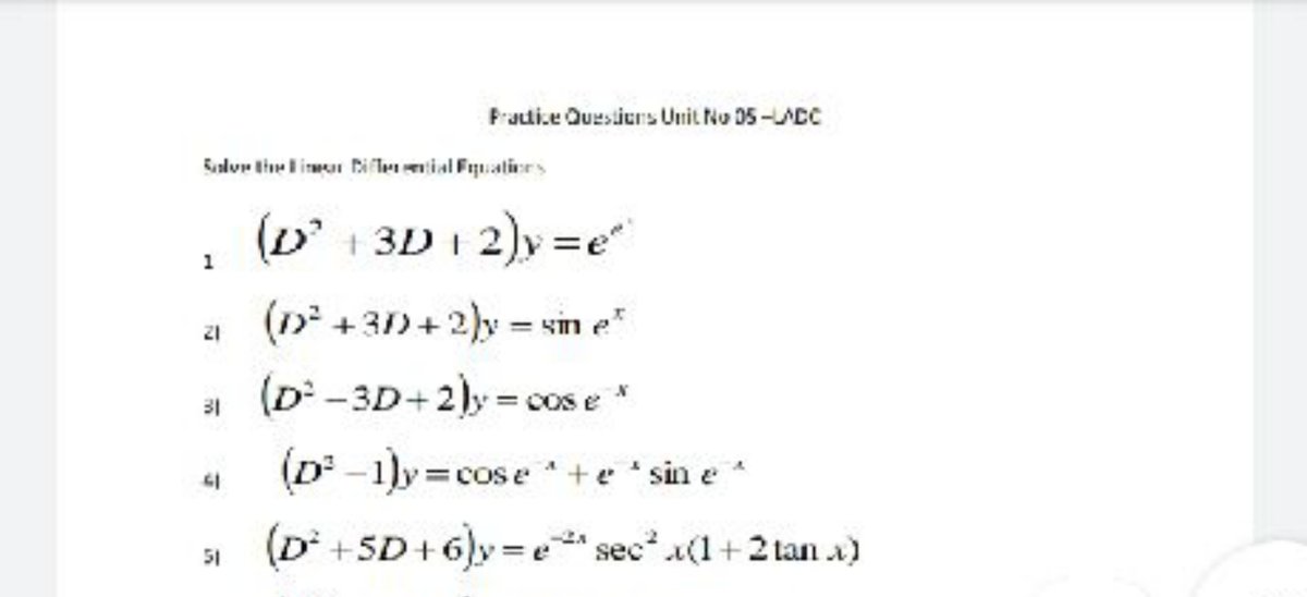 Practice Questions Unit No 05-LADC Solve the Linear Differential Equatio..