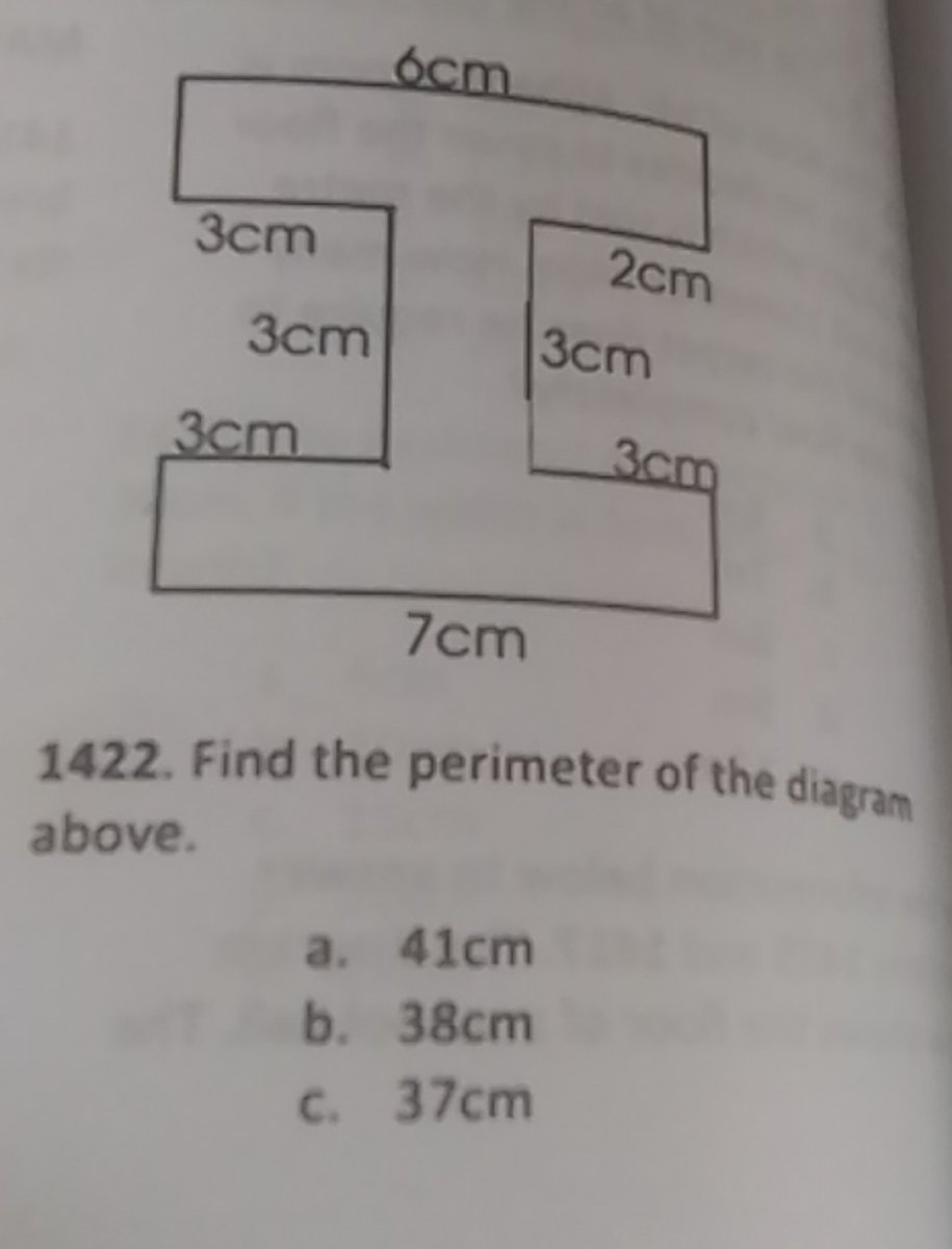 Find the perimeter of the diagram above. a. 41cm b. 38cm c. 37cm | Filo