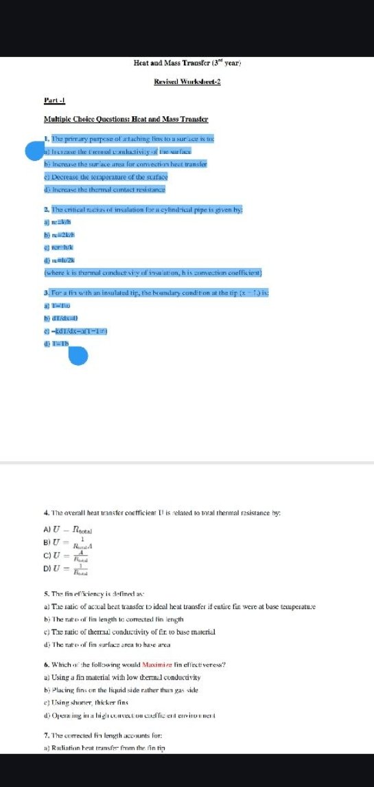 Heat and Mass Transfer (3rd year) Revised Worksheet-2 Part -1 Multiple C..