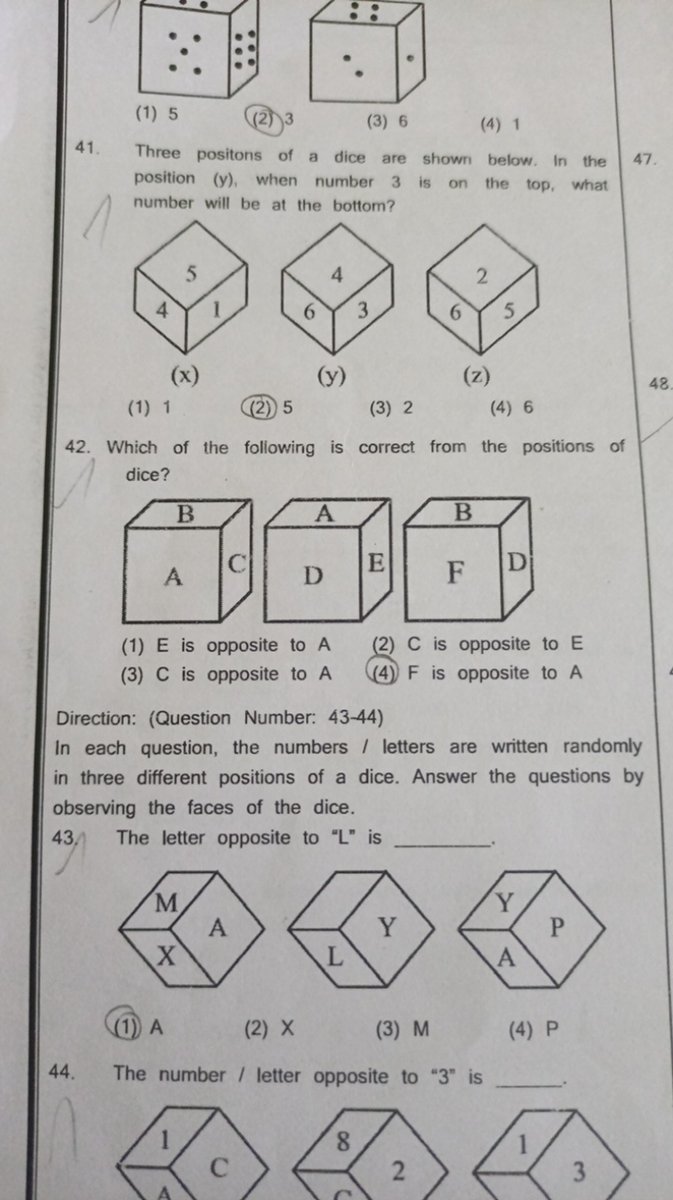 Three positions of a dice are shown below. In the position (y), when numb..