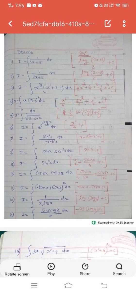 Evaluate the following integrals: 1) I = \int \frac{1}{3x+5} dx 2) I