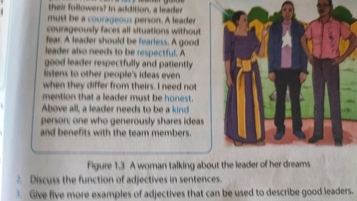 Discuss the function of adjectives in sentences. Give five more examples