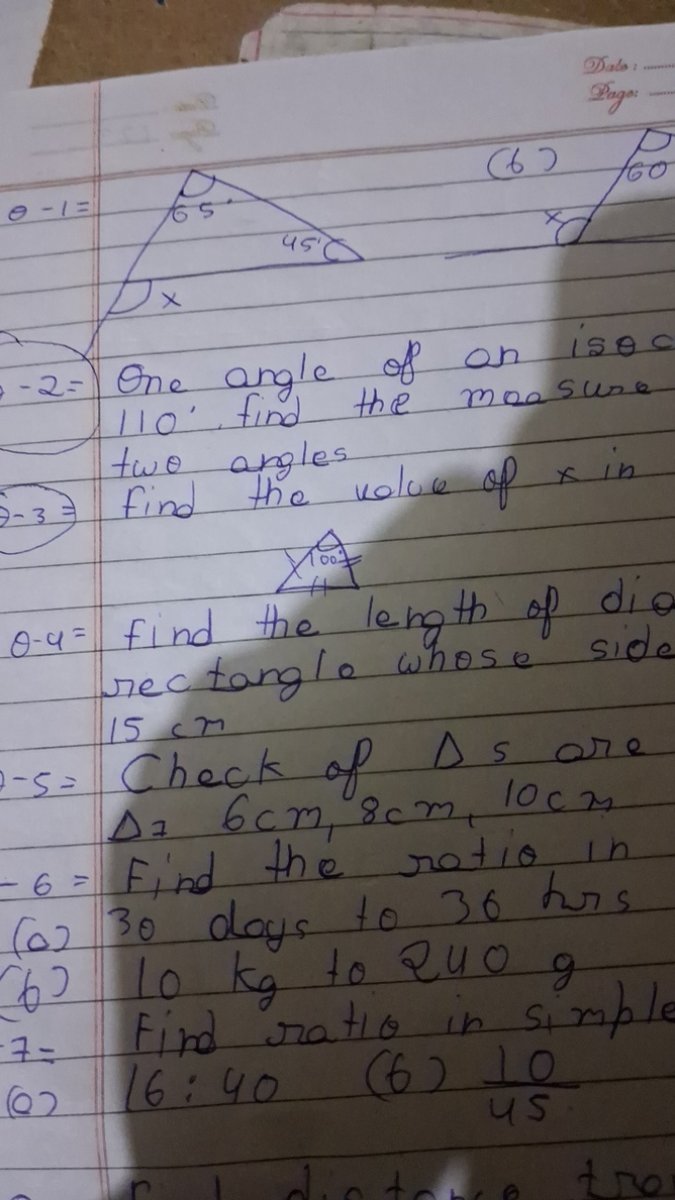 Q-1: Find the value of x in the given diagram. (a) A triangle with angles..