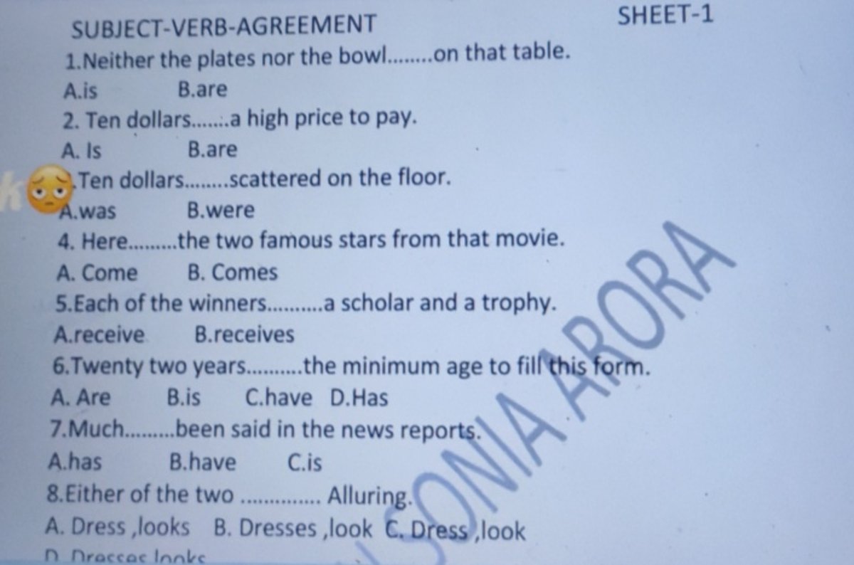 SUBJECT-VERB-AGREEMENT SHEET-1 Neither the plates nor the bowl........on..