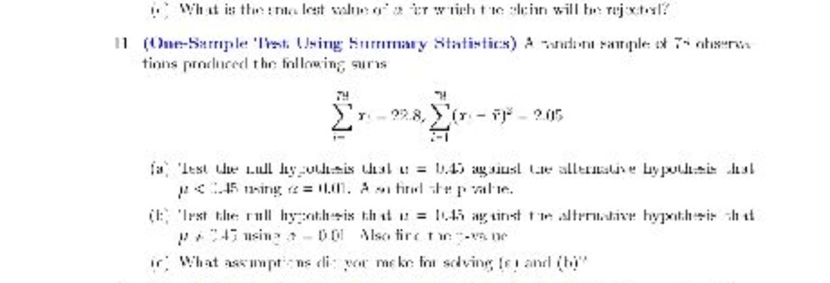 (One-Sample Test Using Summary Statistics) A random sample of 75 observat..