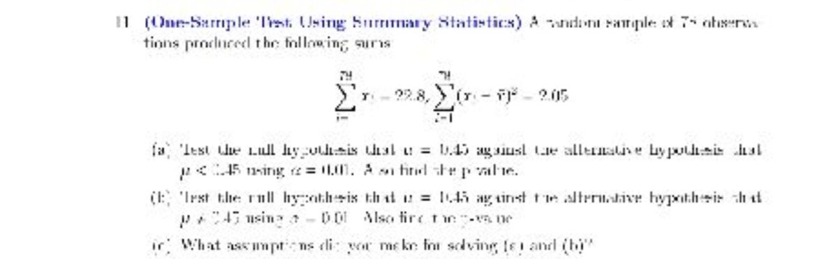 (One-Sample Test Using Summary Statistics) A random sample of 75 observat..