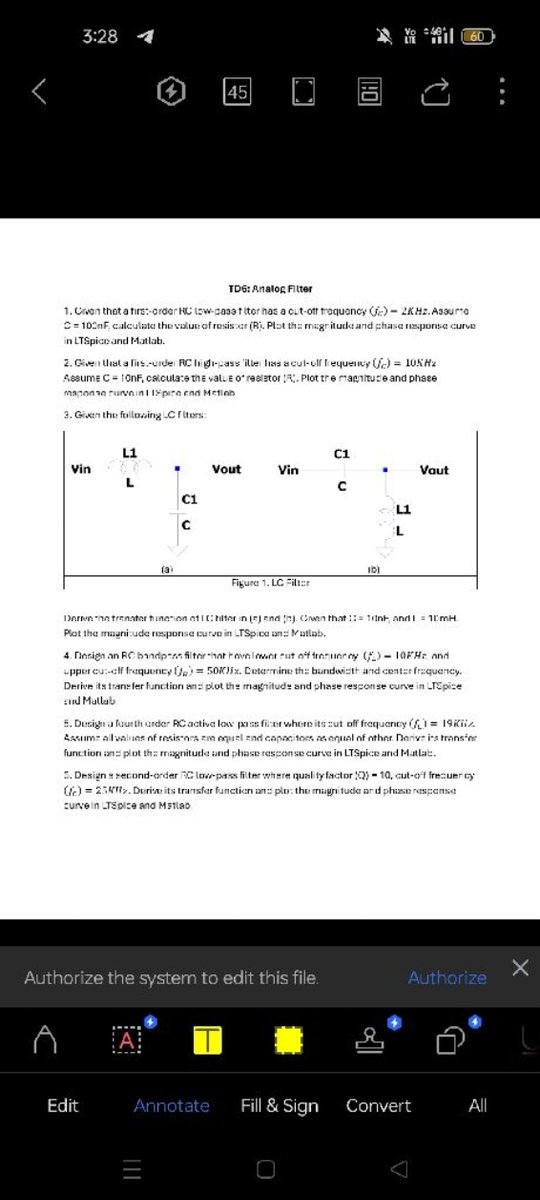 TD6: Analog Filter A first-order RC low-pass filter has a cutoff frequen..
