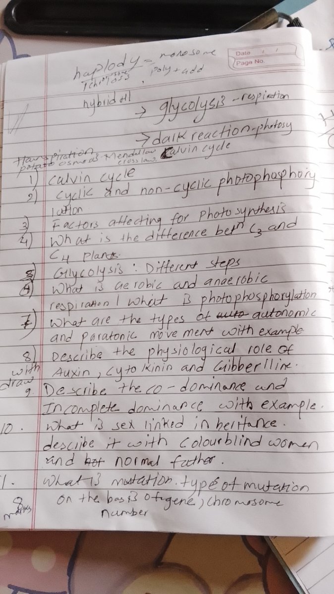 Here are several biology questions: Calvin cycle Cyclic and non-cyclic p..