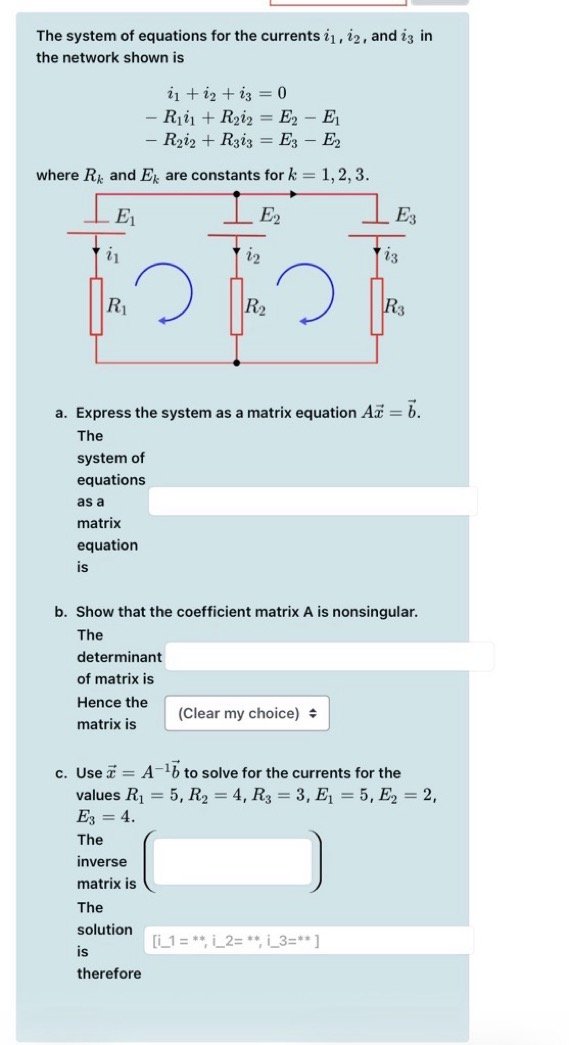 The system of equations for the currents i_1, i_2, and i_3 in the network..