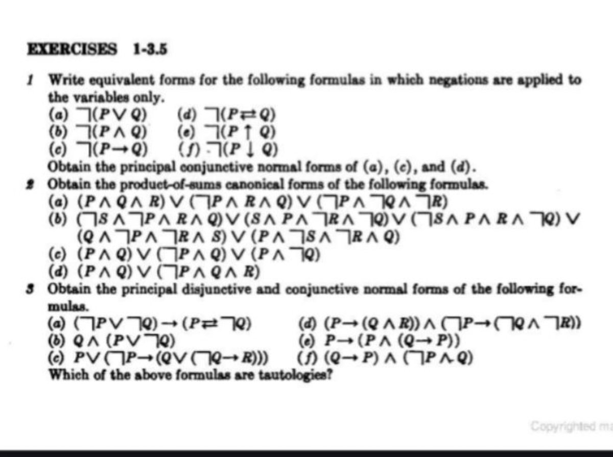 Exercises 1–3.5 Write equivalent forms for each formula in which negatio..