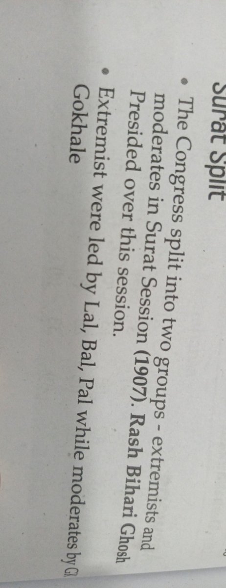 The provided text describes the 'Surat Split' in the Indian National Cong..