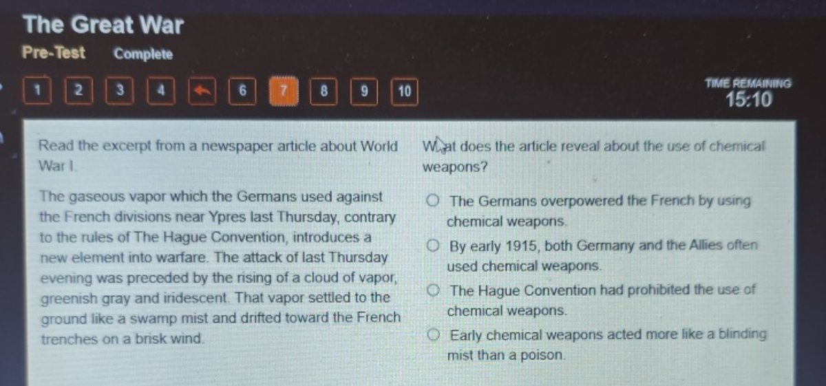 Read the excerpt from a newspaper article about World War I. The gaseous..
