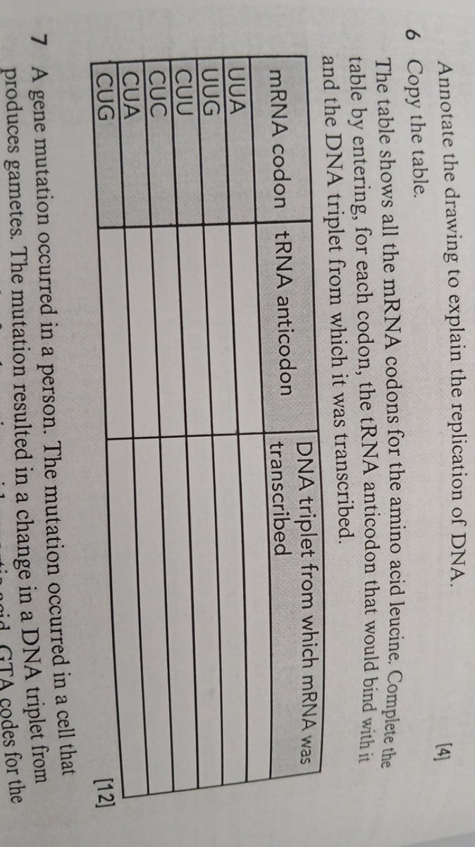 Annotate the drawing to explain the replication of DNA. 6 Copy the table..