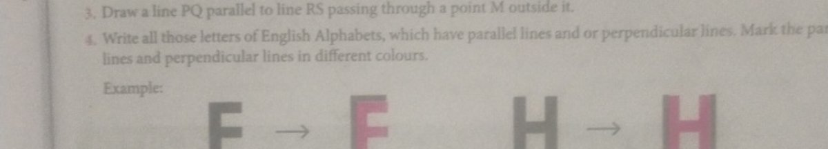 Draw a line PQ parallel to line RS passing through a point M outside it.
