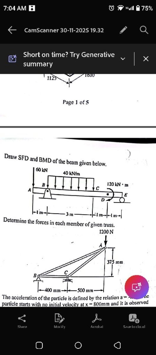 Draw SFD and BMD of the beam given below. (Diagram of a beam with var..