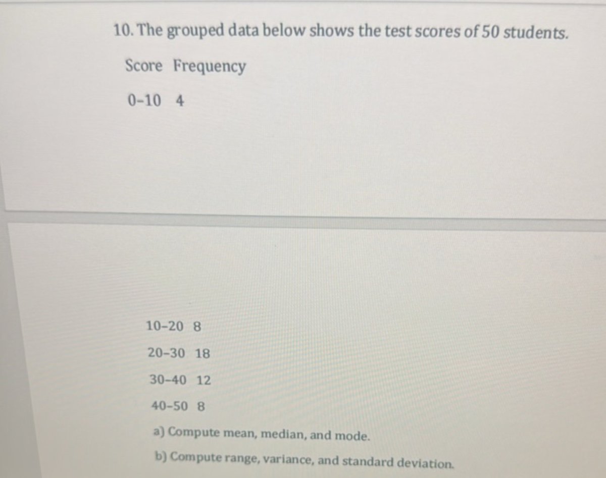 The grouped data below shows the test scores of 50 students. | Score | F..