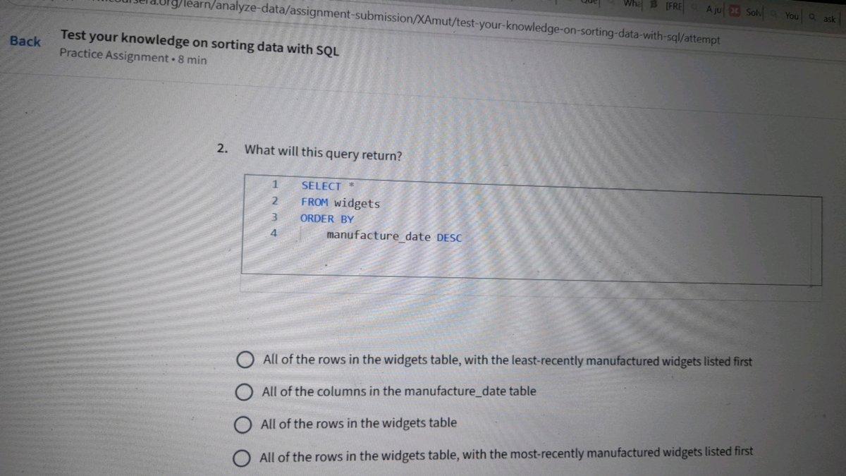 What will this query return? sql SELECT * FROM widgets ORDER BY manufact..