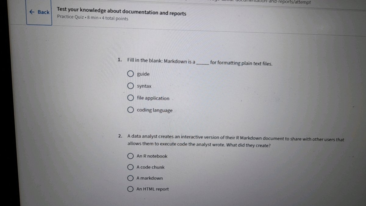 Test your knowledge about documentation and reports Practice Quiz • 8 min..