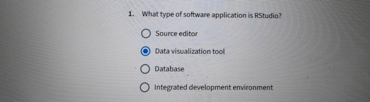 What type of software application is RStudio? Source editor Data visuali..