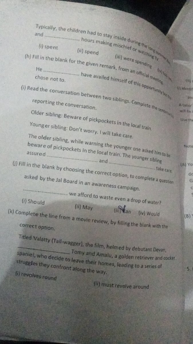Here are a few fill-in-the-blanks and a reported speech question: (h) Fi..