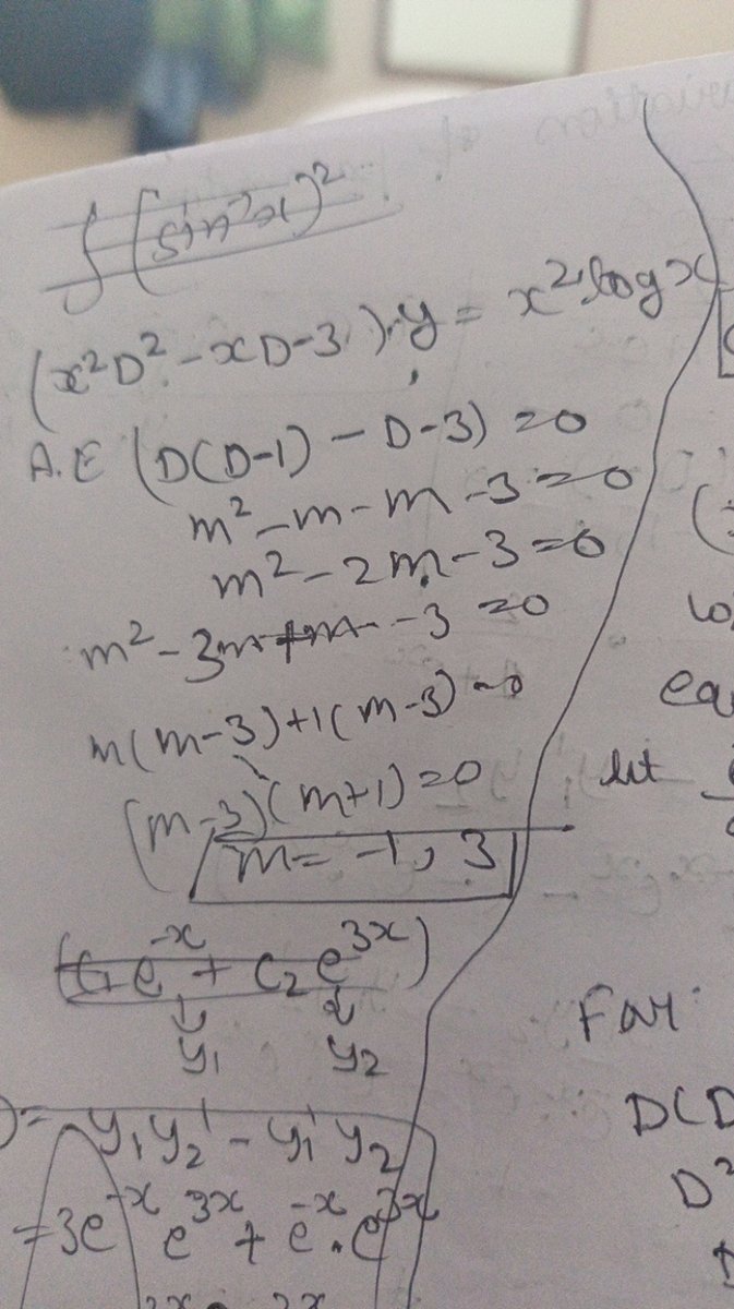 Solve the problem by variation of parameters: (x^2D^2 - xD - 3)y = x^2