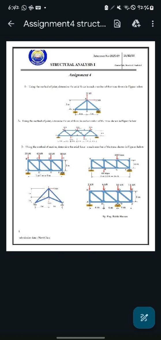 STRUCTURAL ANALYSIS I Assignment 4 Using the method of joint, determine