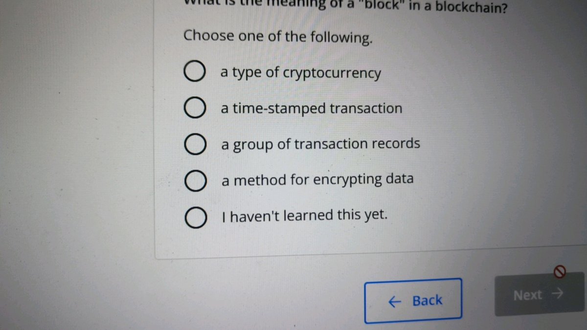 What is the meaning of a "block" in a blockchain? Choose one of the foll..